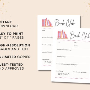 Book Club Printable | Book Discussion Question Guide | Book Review ...