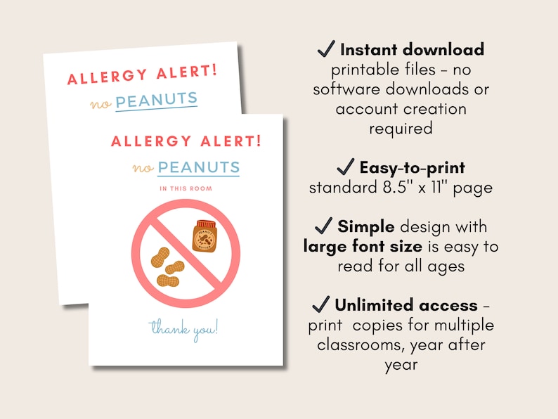 Peanut Allergy Alert Sign: Classroom, Daycare, School (PDF & PNG) - Etsy