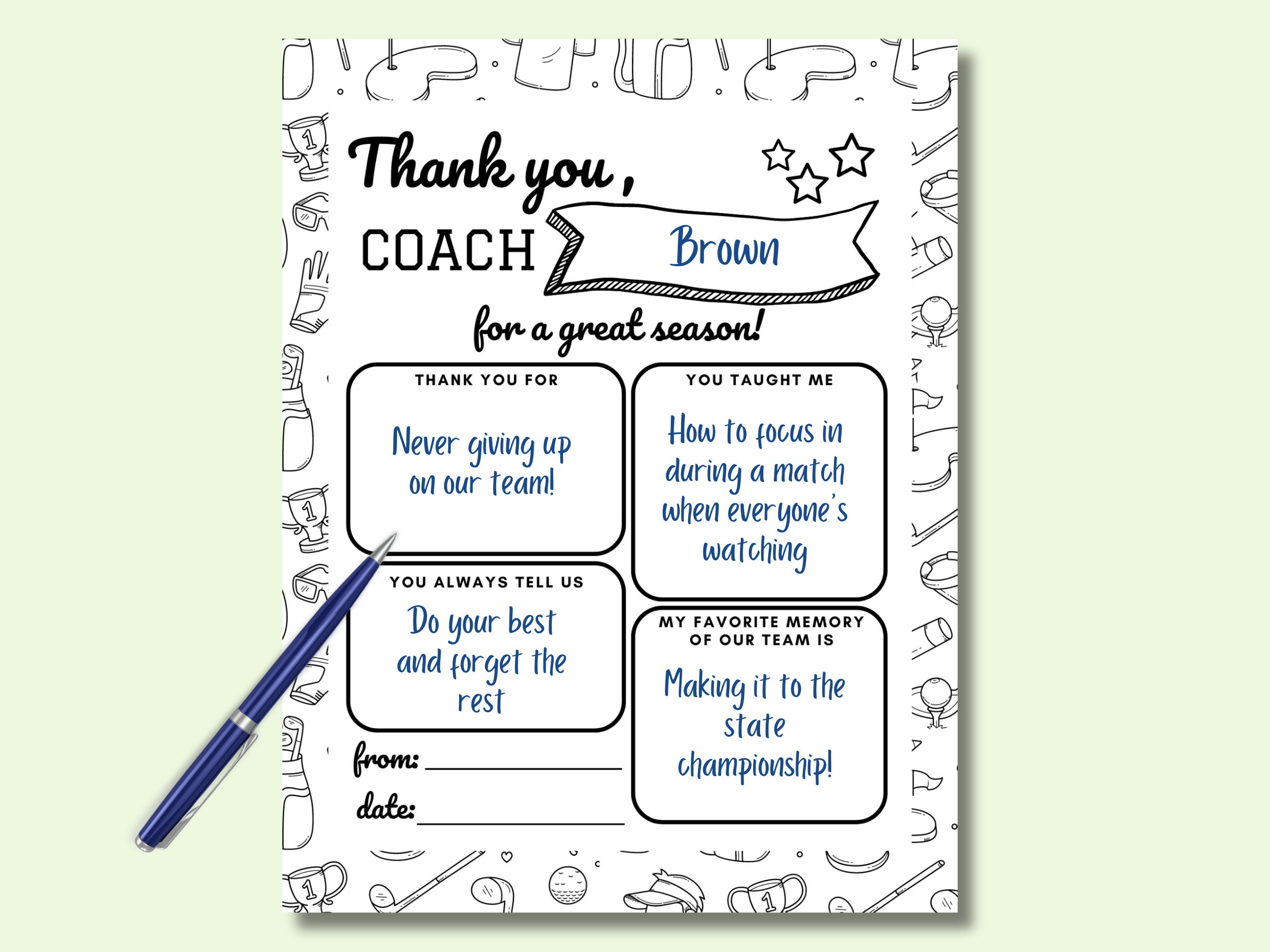 Golf Coach Appreciation Printable Thank You Note Card Coach - Etsy
