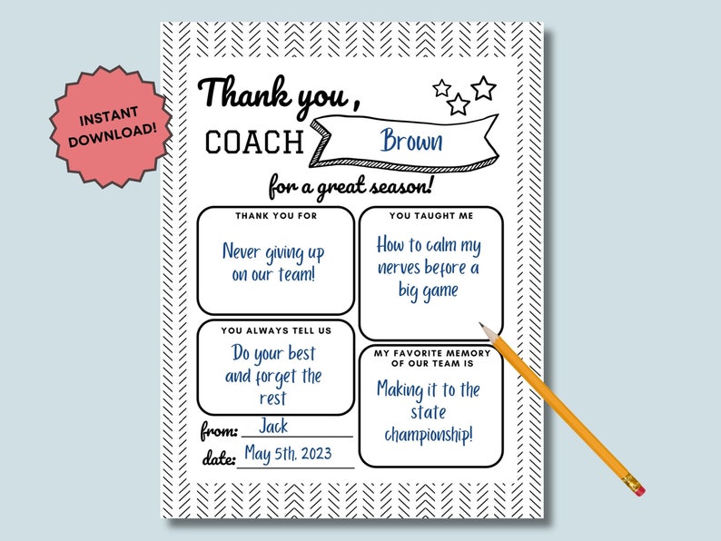 Coach Thank You Coach Appreciation Printable Thank Coach Note Card Week ...
