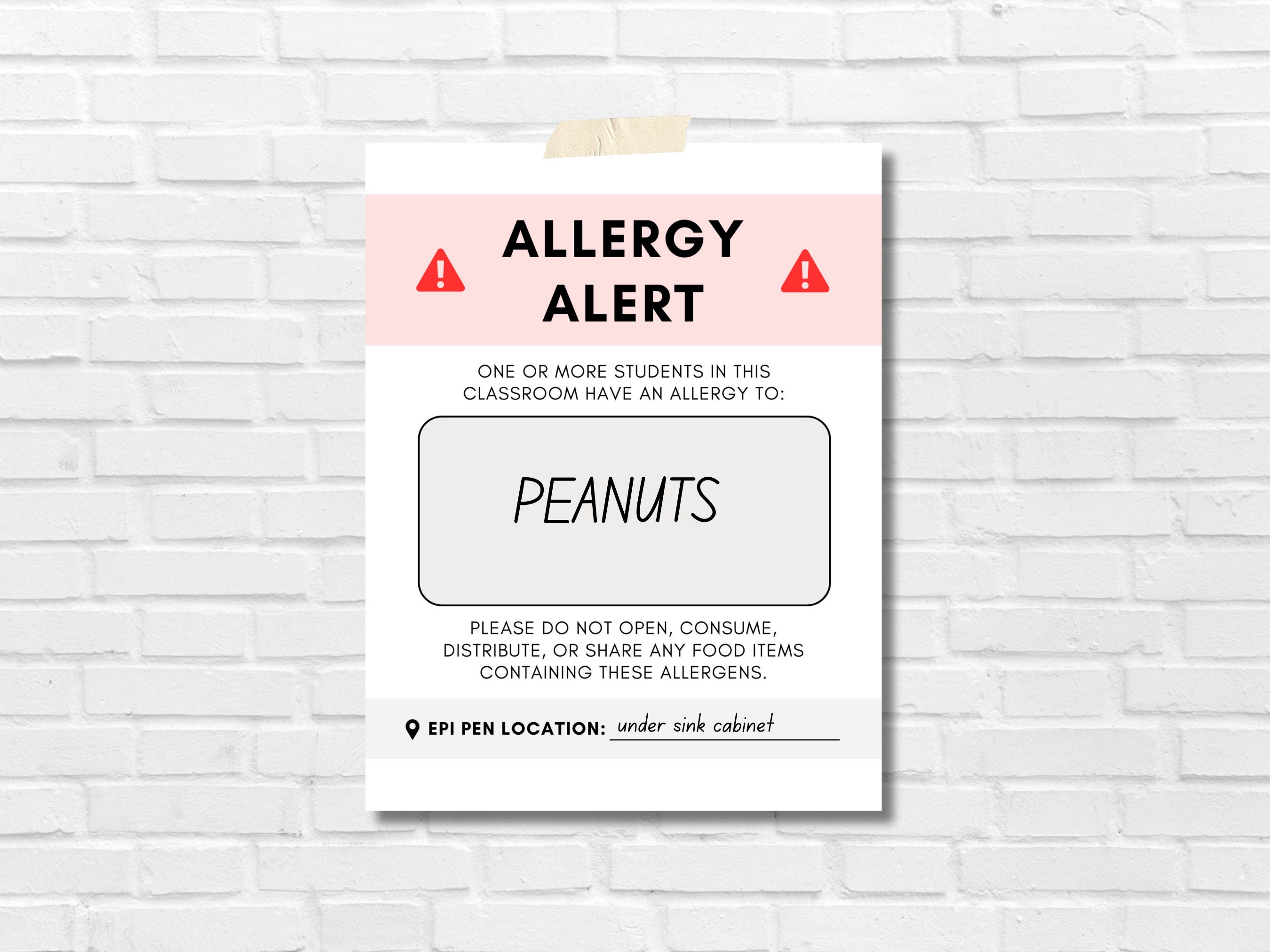 Printable Allergy Sign | Classroom Allergy Alert | Daycare Allergy ...
