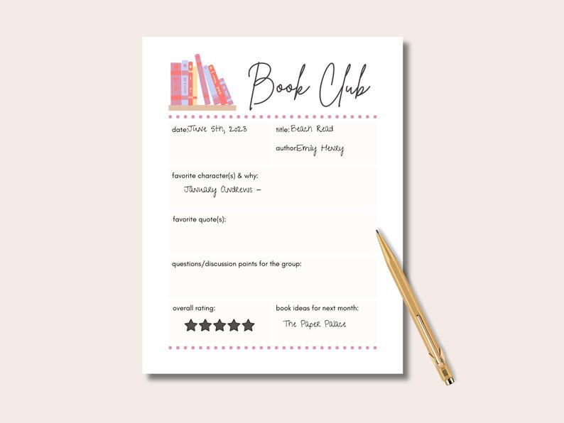 Printable Book Club Review Sheet: Discussion Questions (instant ...