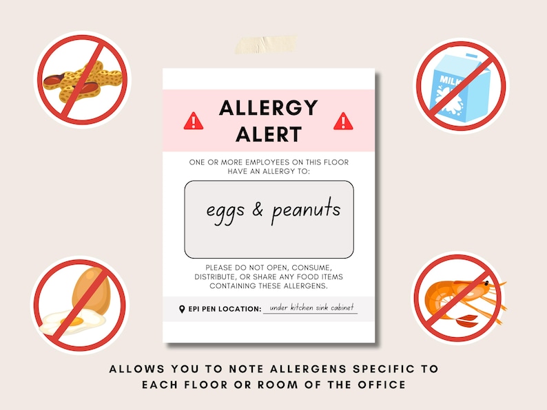 Office Allergy Sign Printable Employee Medical Alert Allergy Warning ...