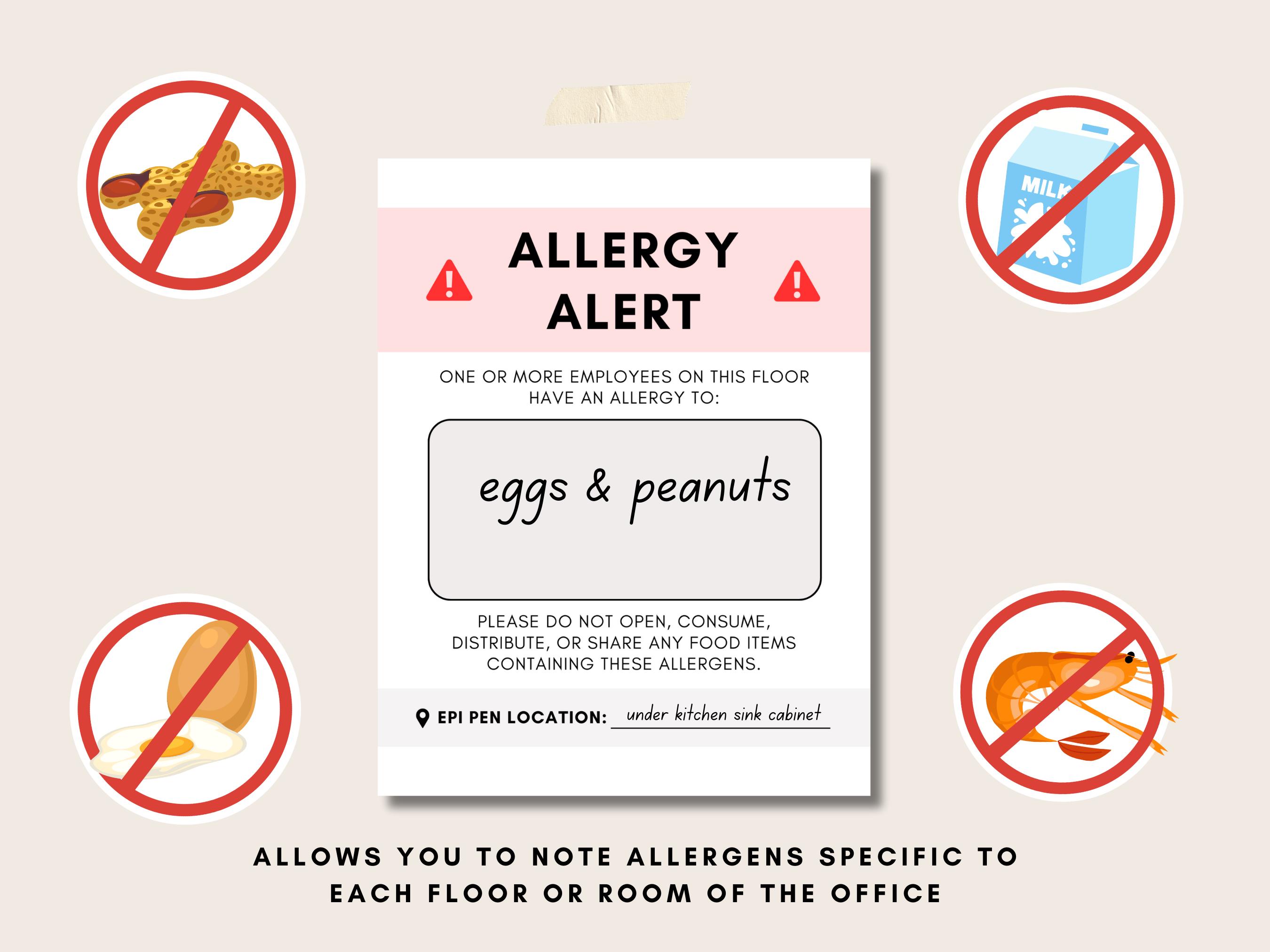 Office Allergy Sign Printable Employee Medical Alert Allergy Warning ...