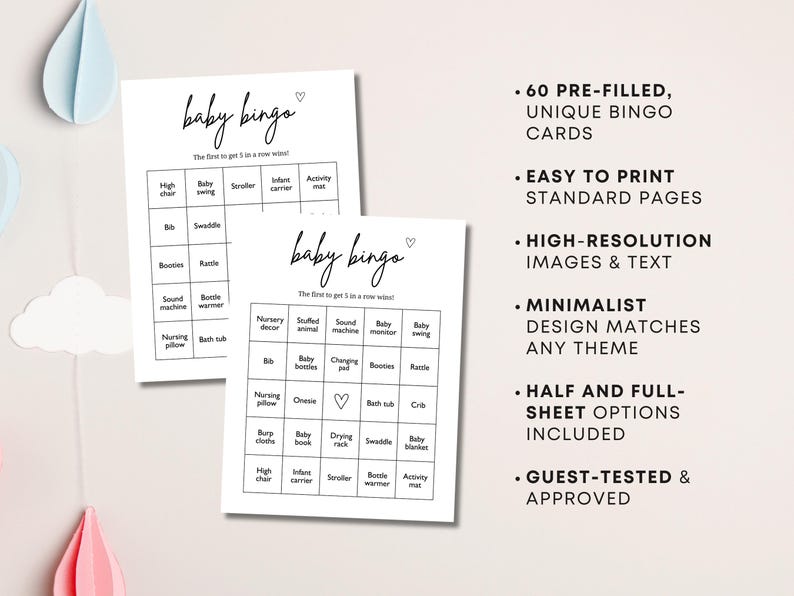 60 Prefilled Baby Shower Bingo Cards, Printable Baby Bingo Game, Unique ...