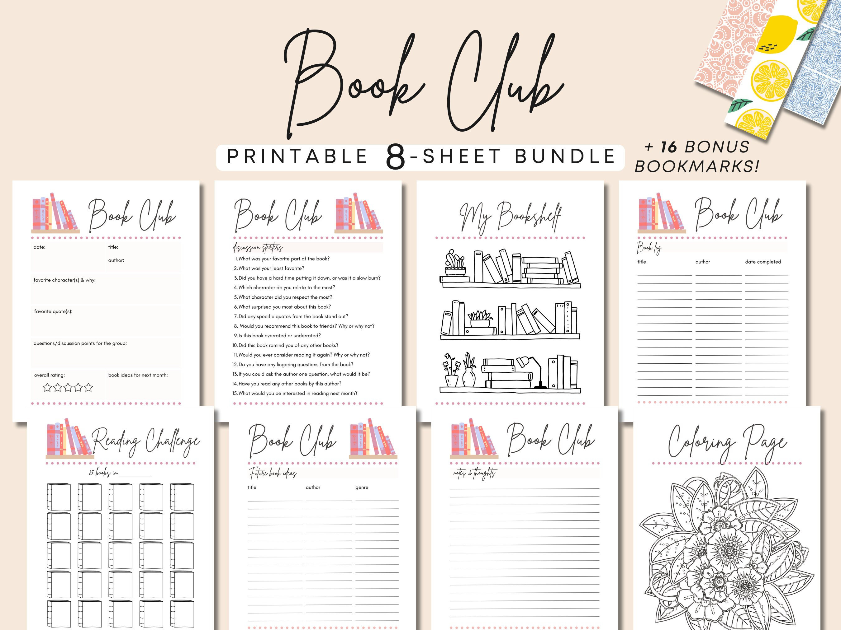 Book Club Printablebook Review Questions Discussion Journal - Etsy