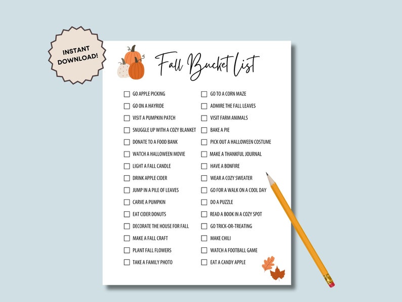 Fall Bucket List Printable | Family Fun Check List | Autumn Activities ...