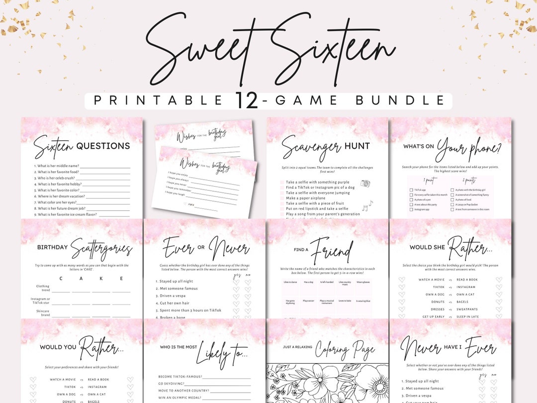 Sweet 16 Game Bundle,sixteen Birthday,printable,games for Her,16th Bday ...