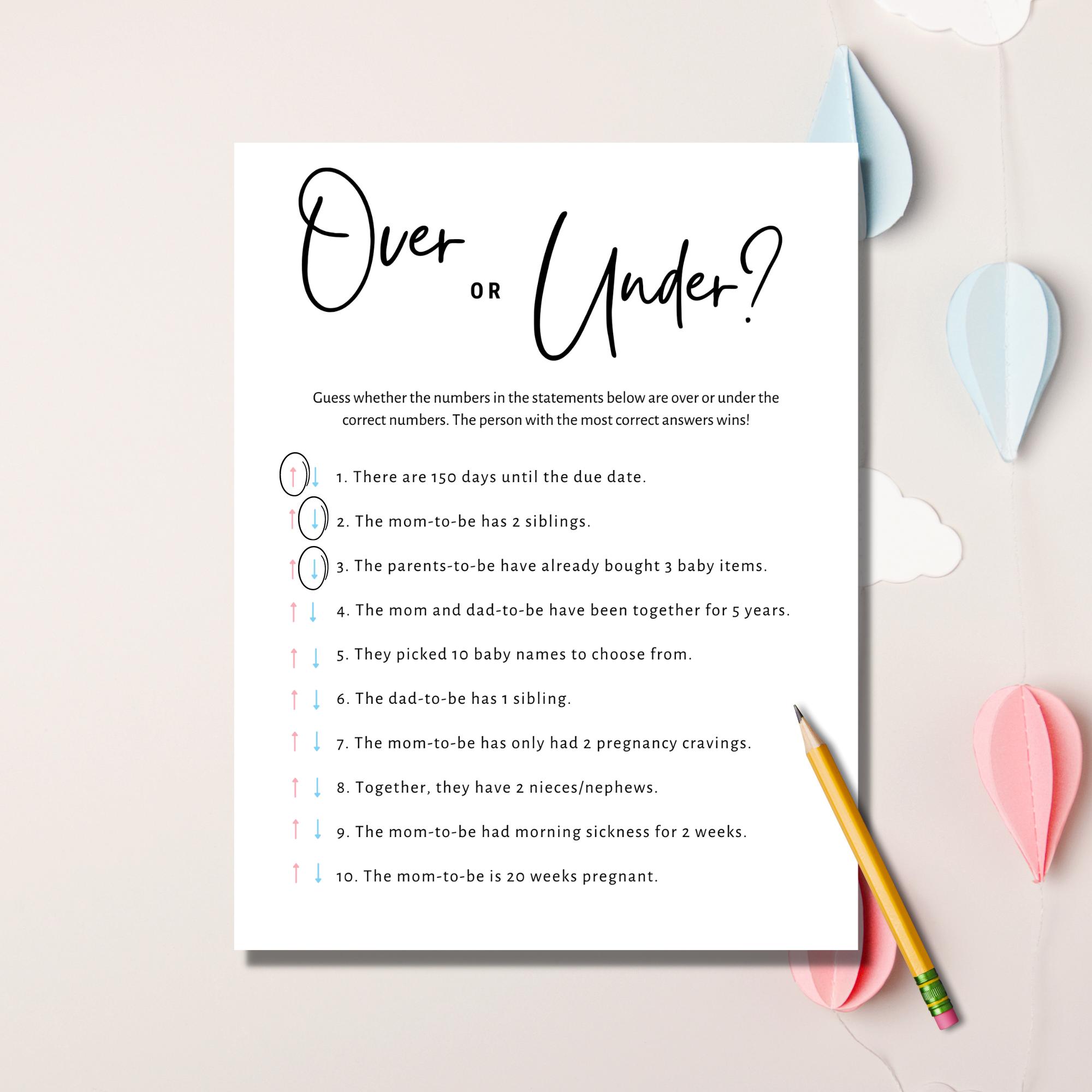 Over or Under Baby Shower Party Games, Printable Gender Reveal Party ...