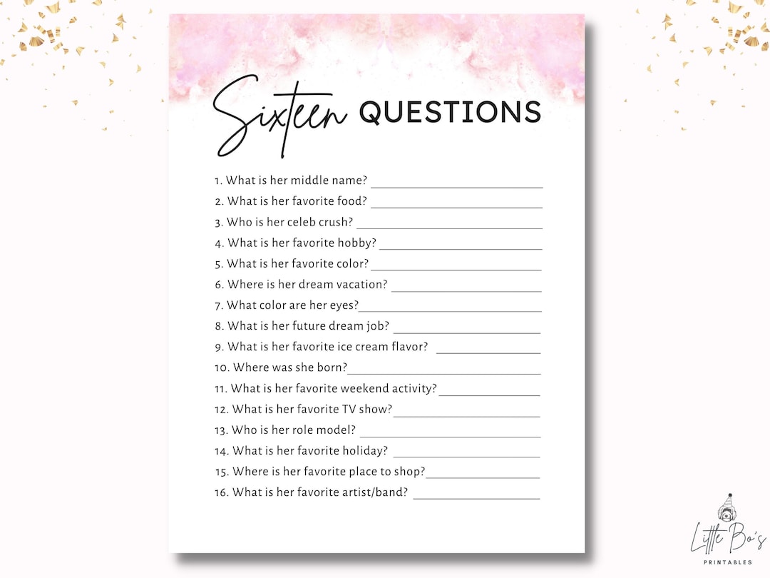 Sweet 16 Sixteen Questions Game, Sixteenth Birthday Printable, Bday ...