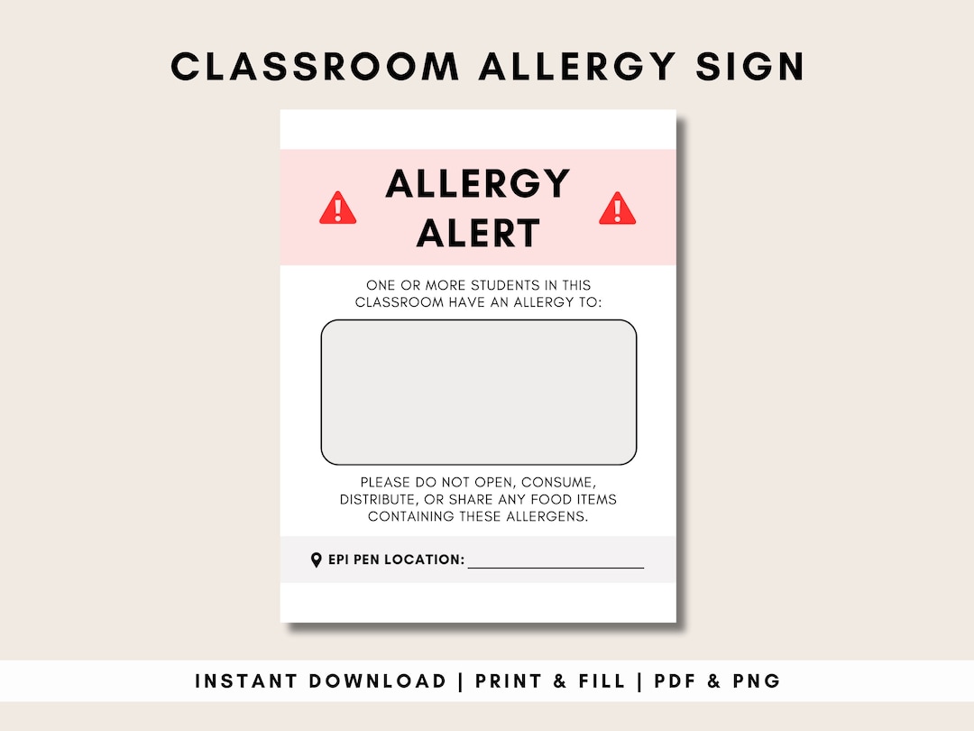 Printable Allergy Sign | Classroom Allergy Alert | Daycare Allergy Warning | School Allergens ...