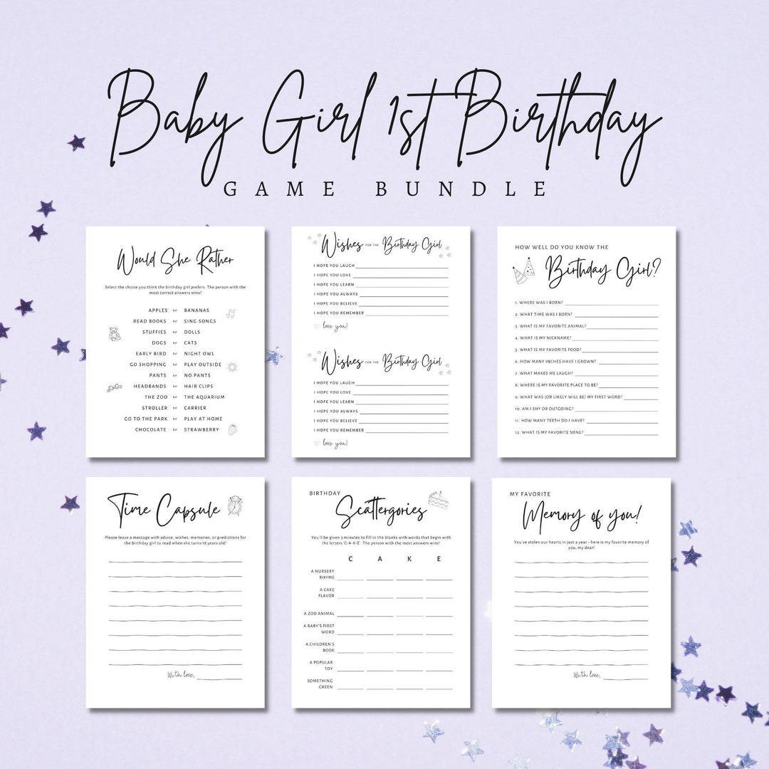 First Birthday Game Bundle, Baby Girl 1st Bday, Printable Bundle, 1st ...