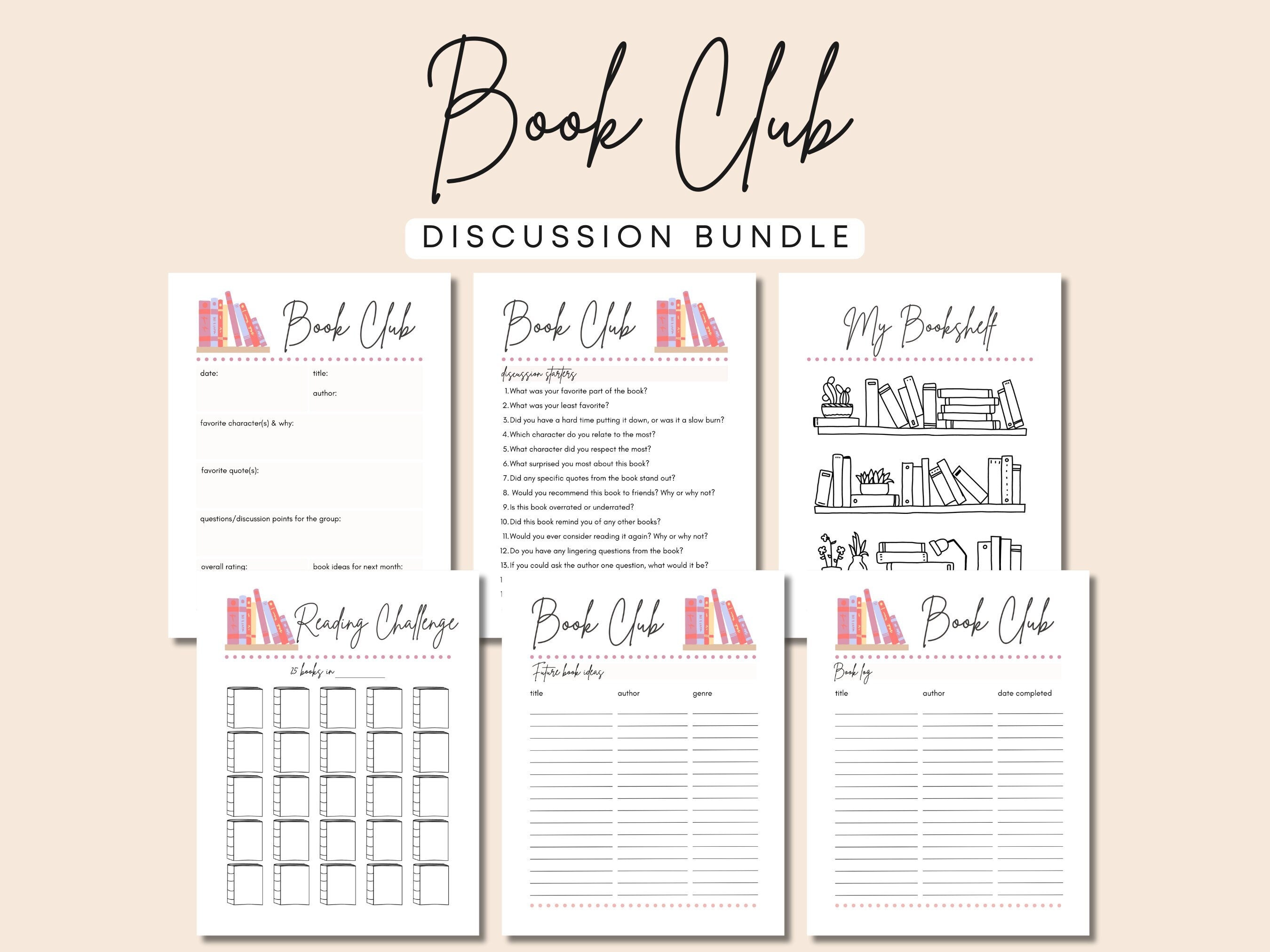 Printable Book Club Kit: Discussion Questions, Reading Log (instant ...