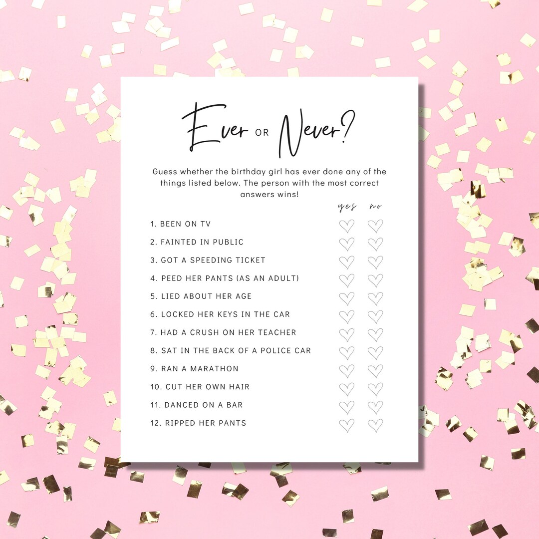 Adult Birthday Game, Ever or Never, Female Birthday Games,printable ...