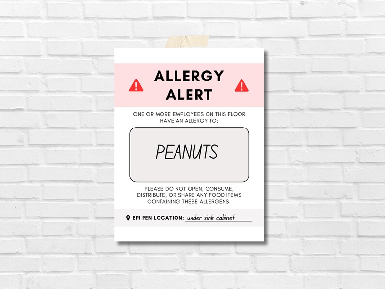 Office Allergy Alert Sign: Printable Employee Medical Warning (PDF, PNG ...