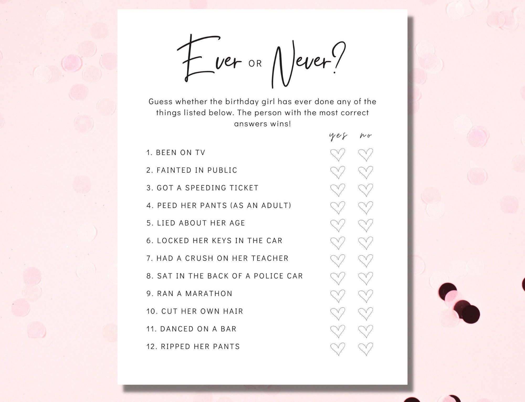 Adult Birthday Game, Ever or Never, Female Birthday Games,printable ...