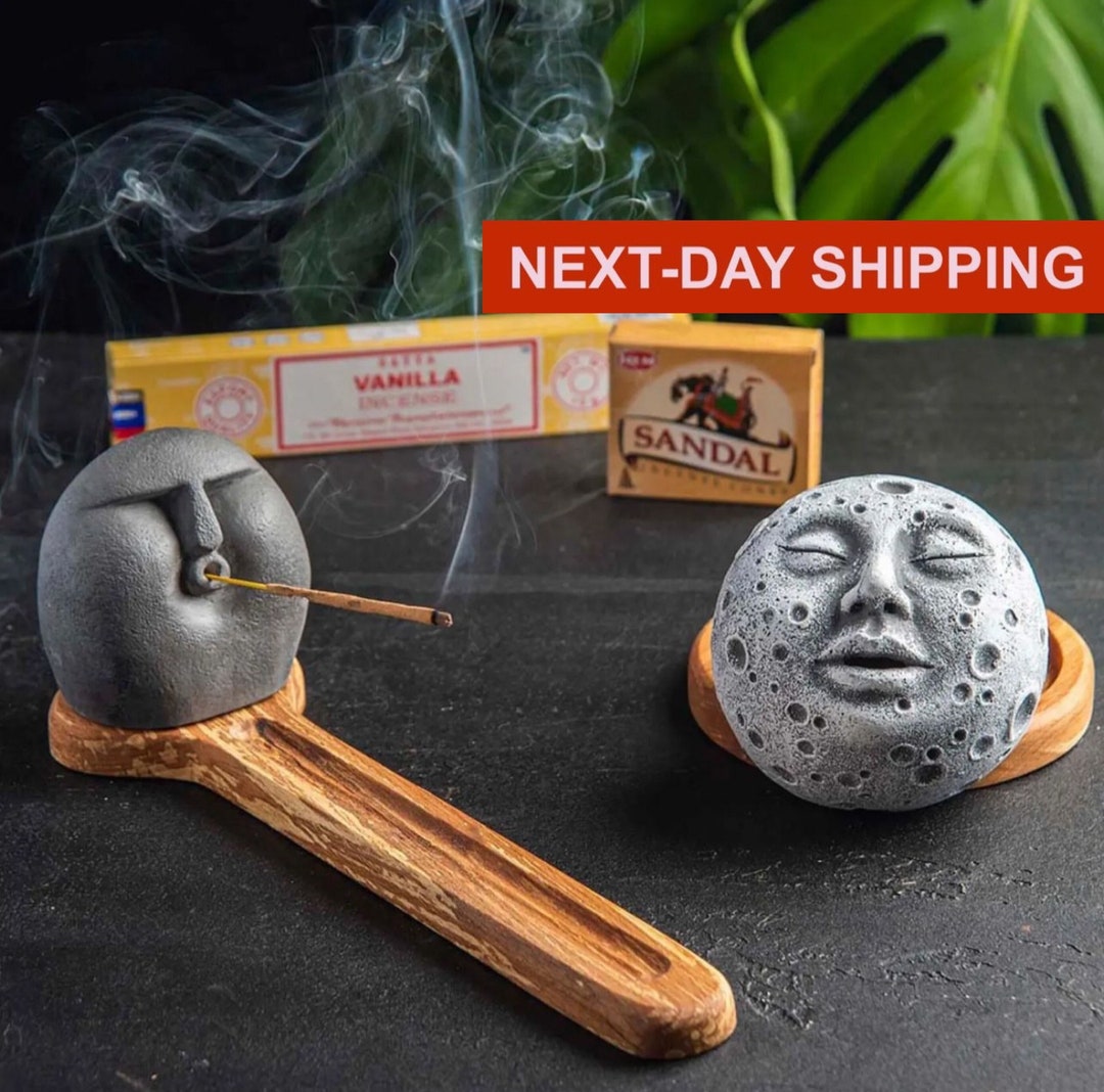 Moon Face Backflow Incense Burner & Stone Head Holder – Unique Handmade ...