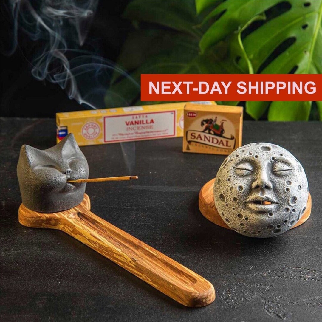 Artisanal Handcrafted Moon Face Backflow Incense Burner and Cat Stone ...