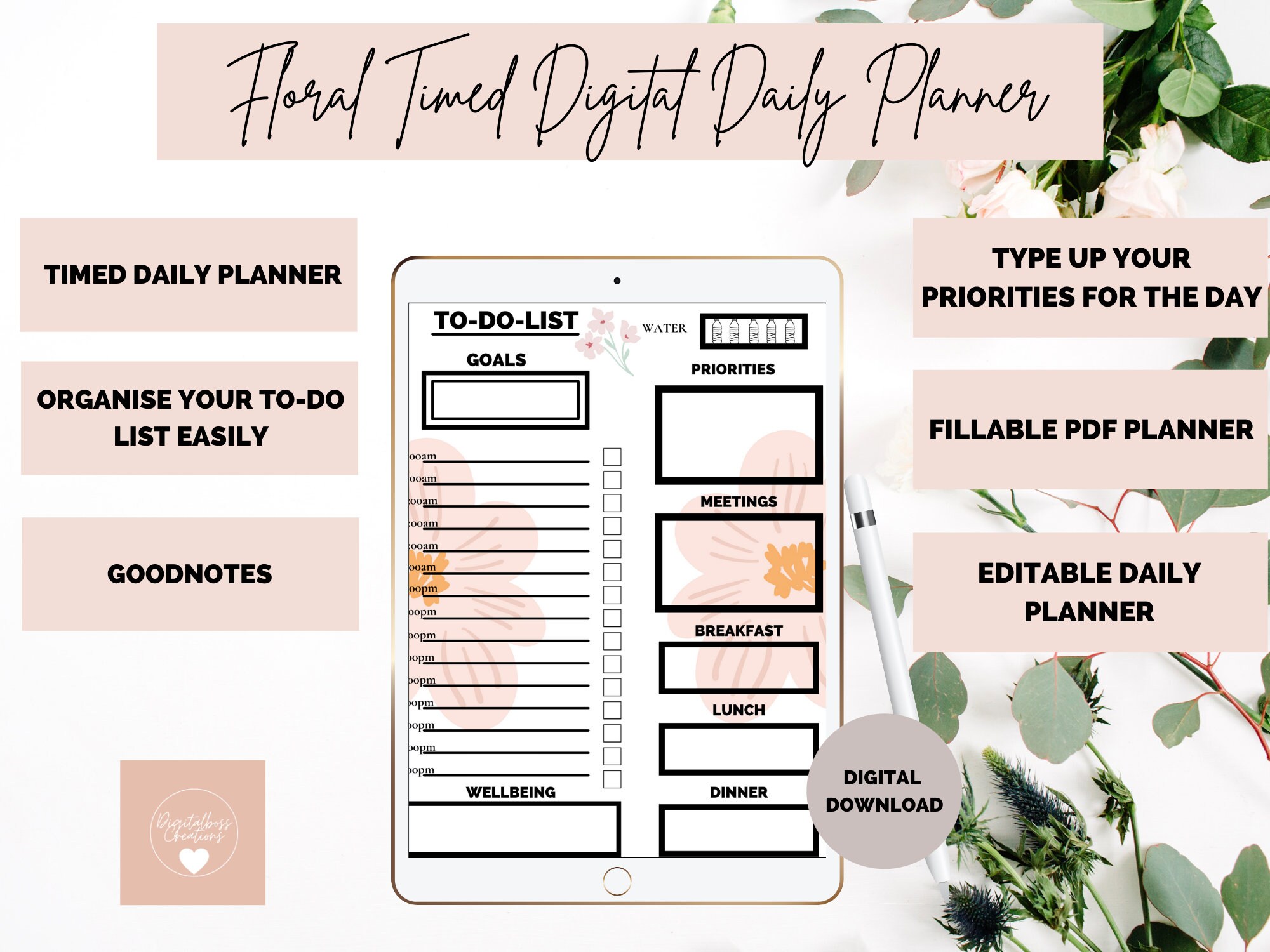 Digital Timed Daily Planner, Fillable PDF Daily Planner, Daily Planner ...