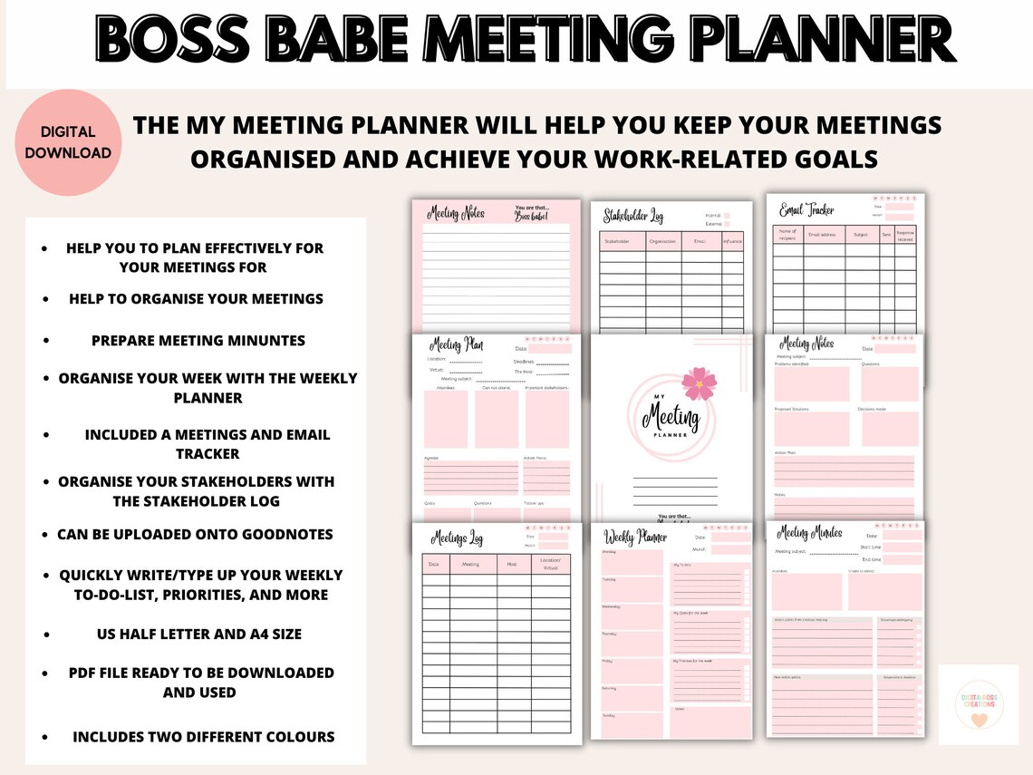 Meetings Notes Planner Printable, Meeting Organizer Planner, Digital ...