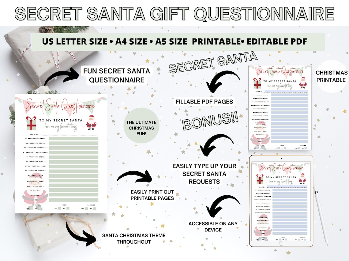 Secret Santa Gift Questionnaire Printable, Gift Questionnaire for Work ...