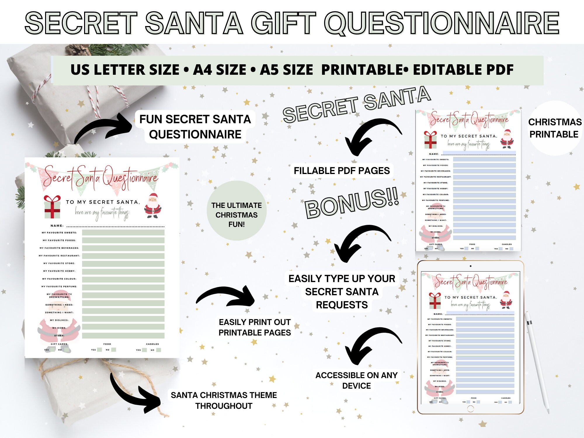 Secret Santa Gift Questionnaire Printable, Gift Questionnaire for Work ...