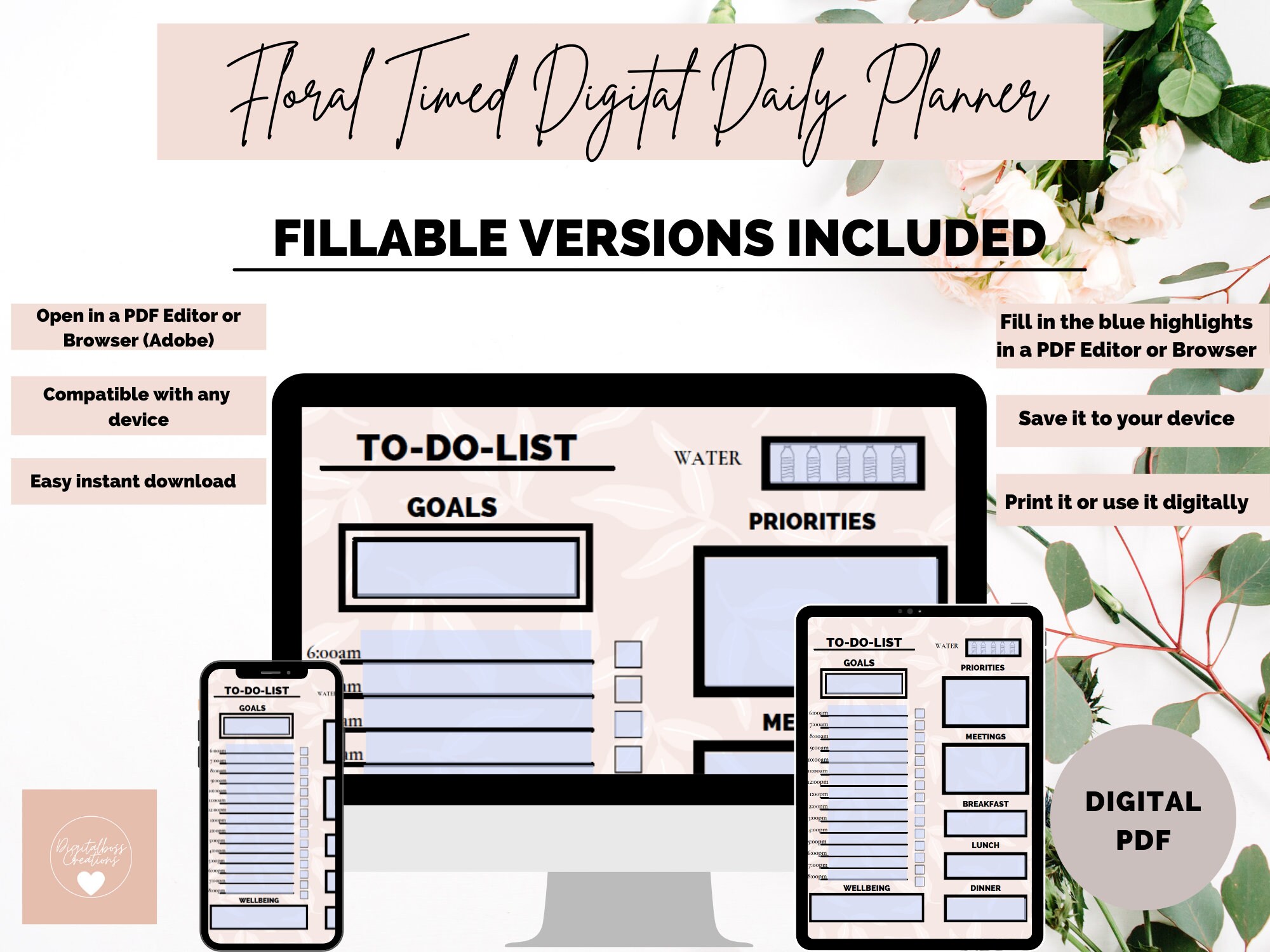 Digital Timed Daily Planner, Fillable PDF Daily Planner, Daily Planner ...