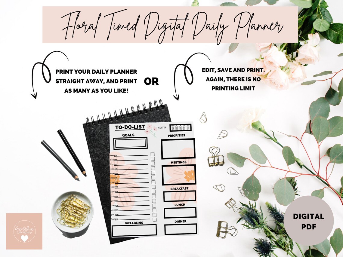 Digital Timed Daily Planner, Fillable PDF Daily Planner, Daily Planner ...