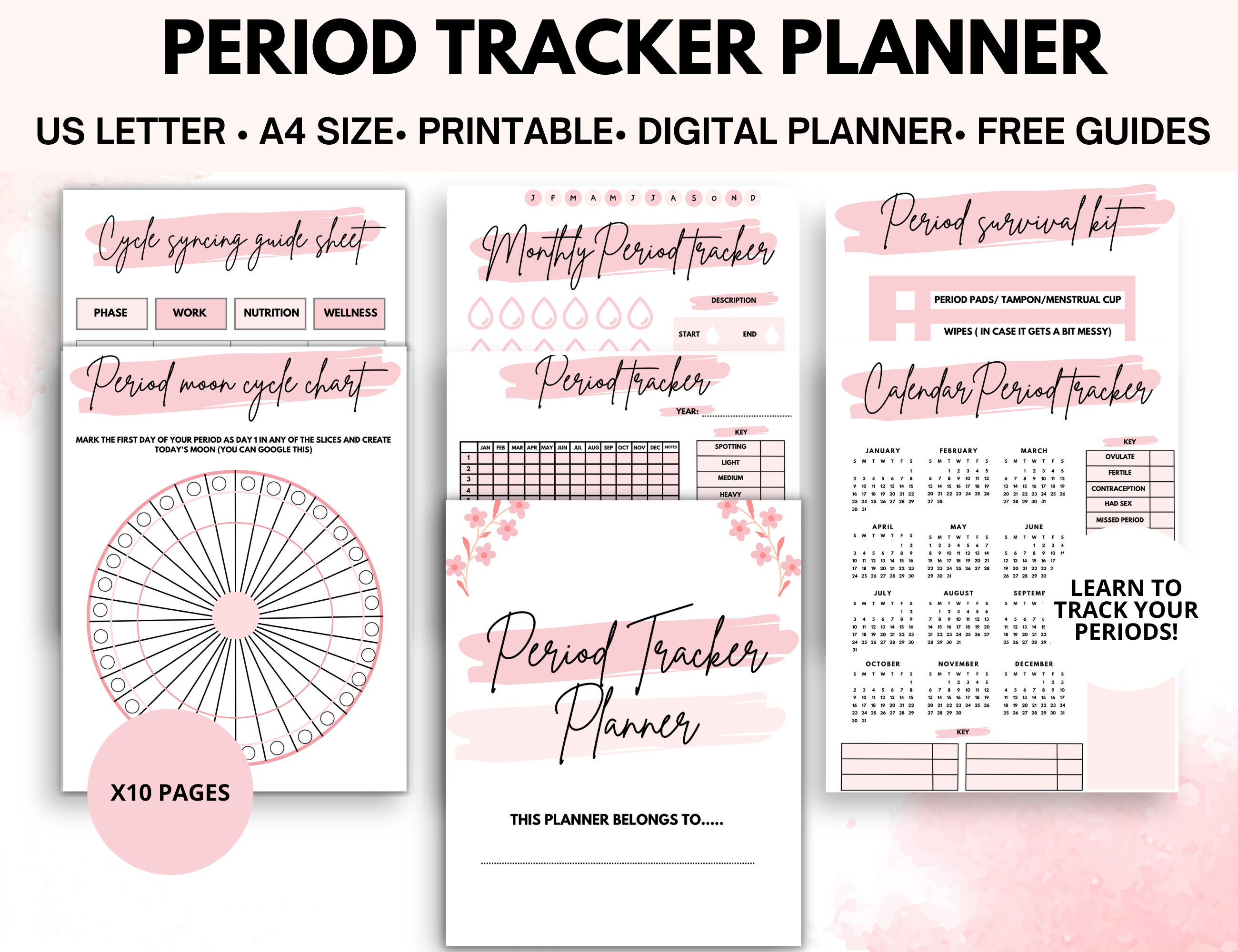 Pink Period Tracker Printable Planner, Journal Your Periods With the ...