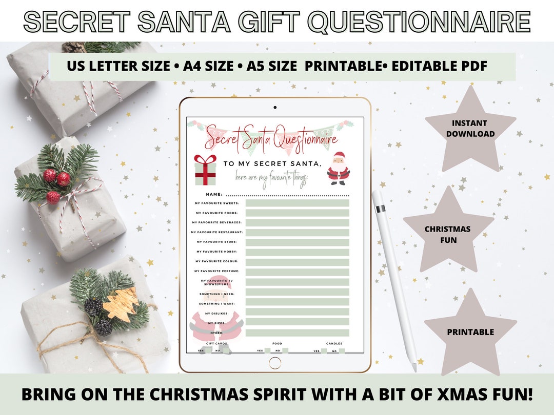 Secret Santa Gift Questionnaire Printable, Gift Questionnaire for Work ...