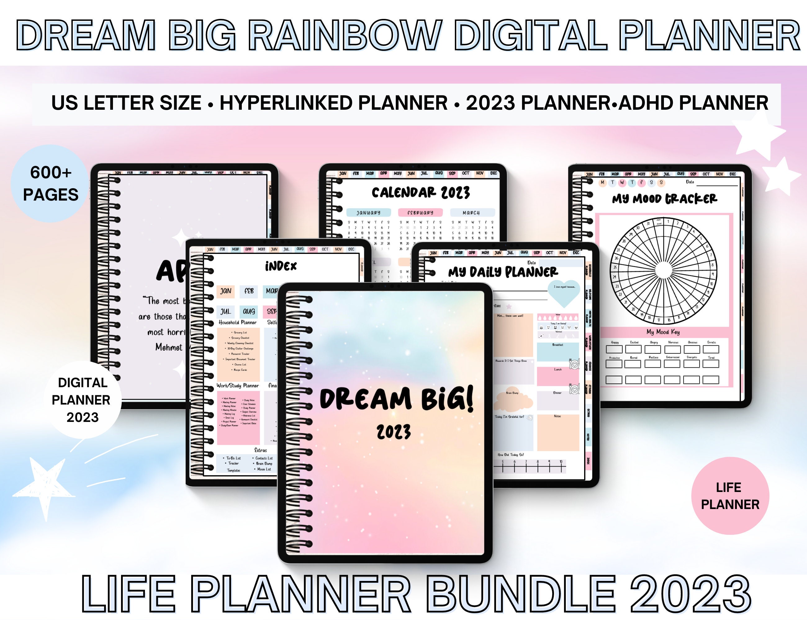 ADHD Digital Planner 2023, Dream Big Rainbow Digital Planner 2023, ADHD ...