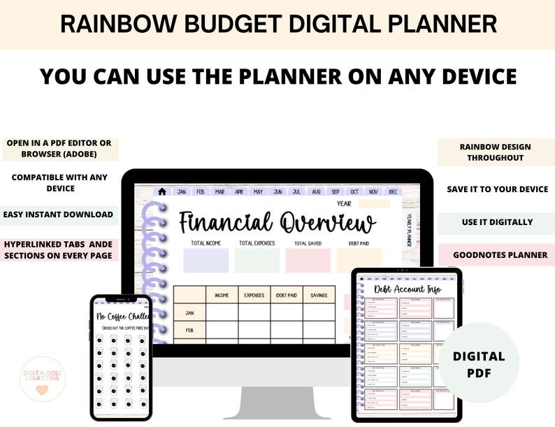 Rainbow Digital Budget Planner, Finance Templates + Debt Tracker ...