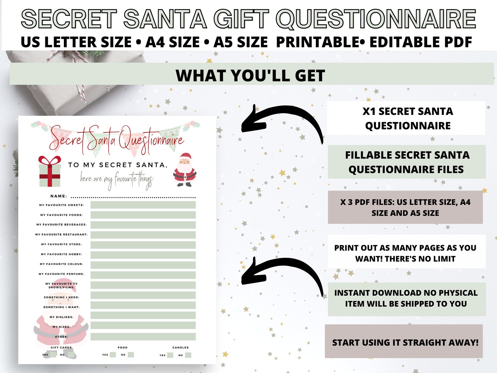 Secret Santa Gift Questionnaire Printable, Gift Questionnaire for Work ...