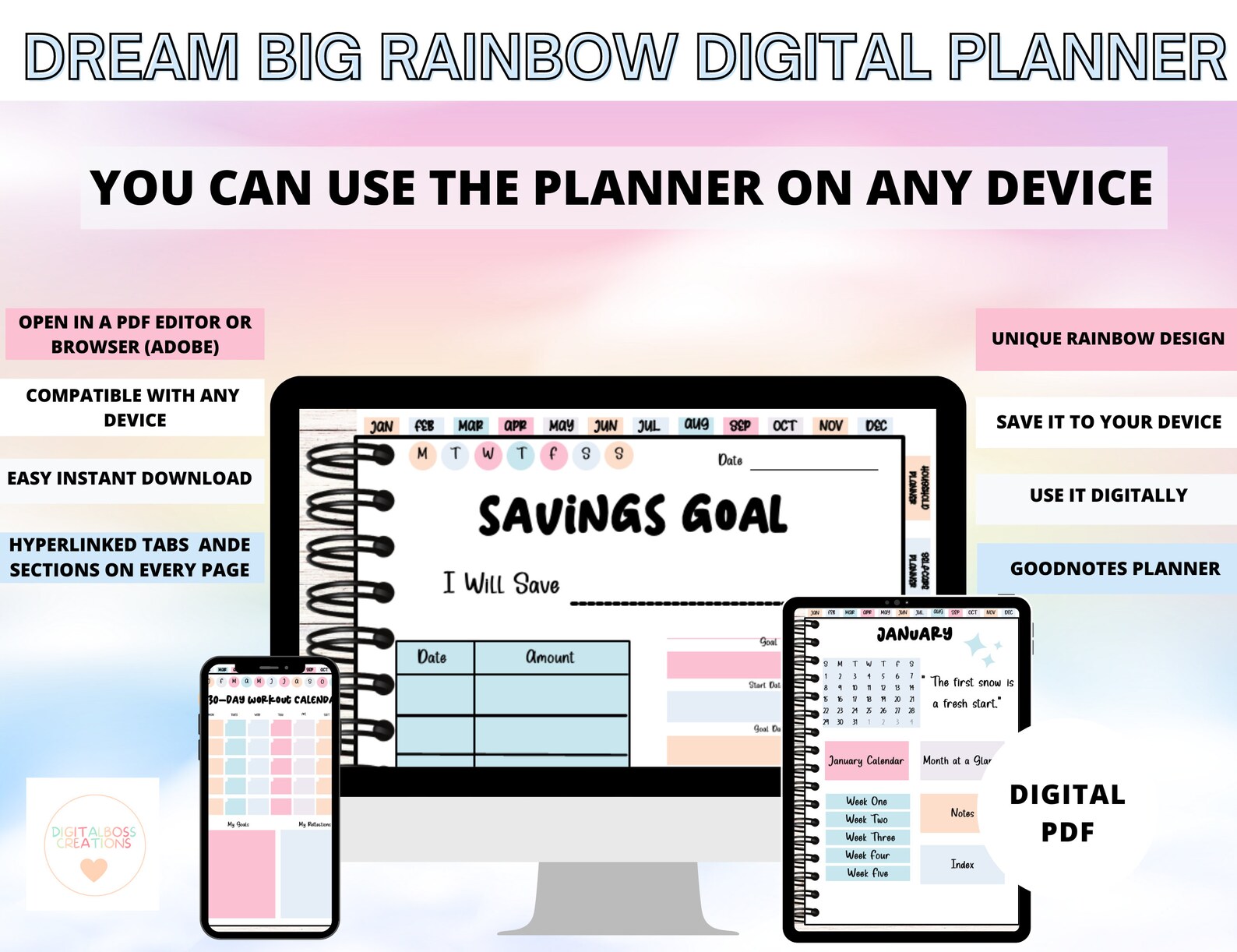 ADHD Digital Planner 2023, Dream Big Rainbow Digital Planner 2023, ADHD ...