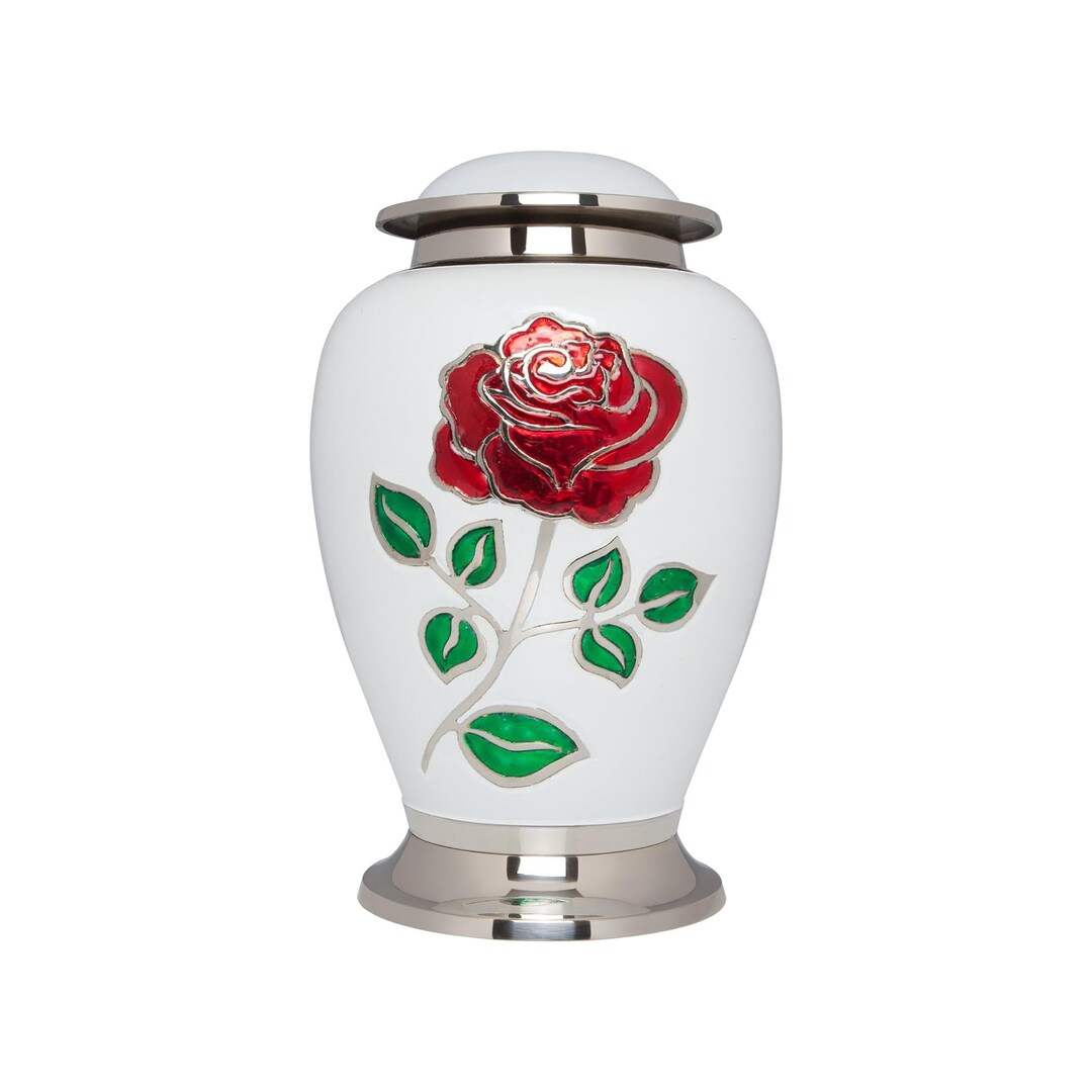 Rose White Human Cremation Urn With Colorful Enamel - Large Long-stem ...
