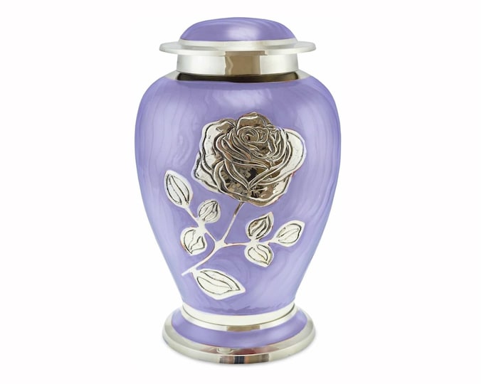 Silver Rose Cremation Urn - Funeral Urn With Large Flower on Purple ...