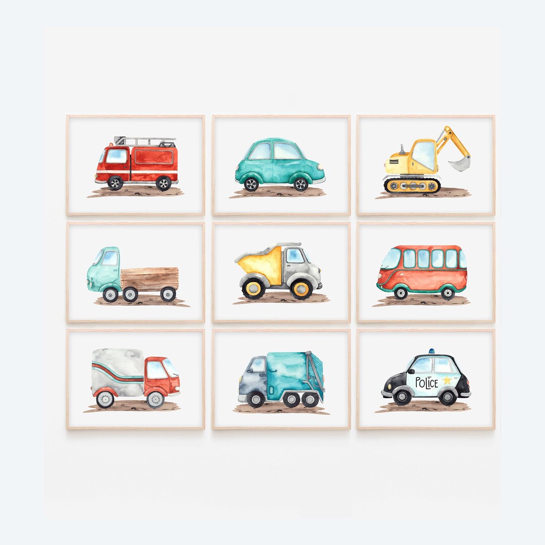 Printable Transport Wall Art Set of 9, Nursery Wall Art, Cars Truck Bus ...
