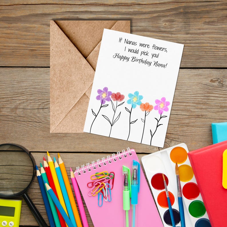 Printable Happy Birthday Nana Card, Fingerprint Flowers Keepsake Note ...