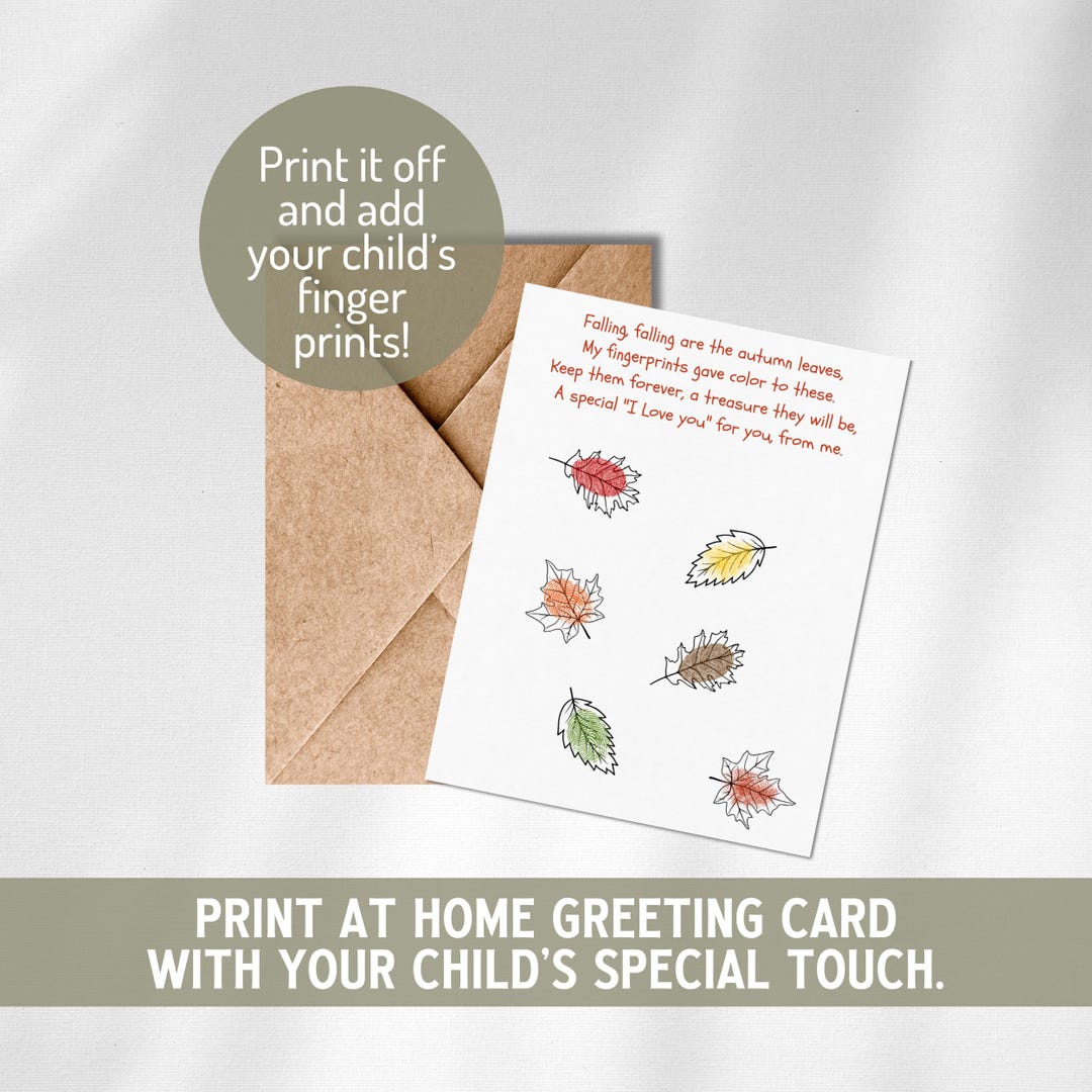 Printable Fall Leaf Card, Fingerprint Autumn Leaves Keepsake Note Card ...
