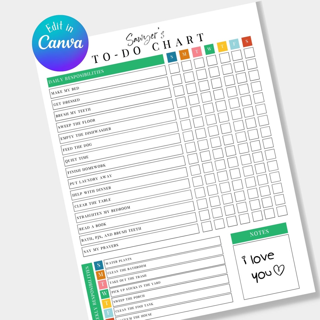 Chore Chart for Kids, Editable Daily Weekly Schedule, Reward Chart ...