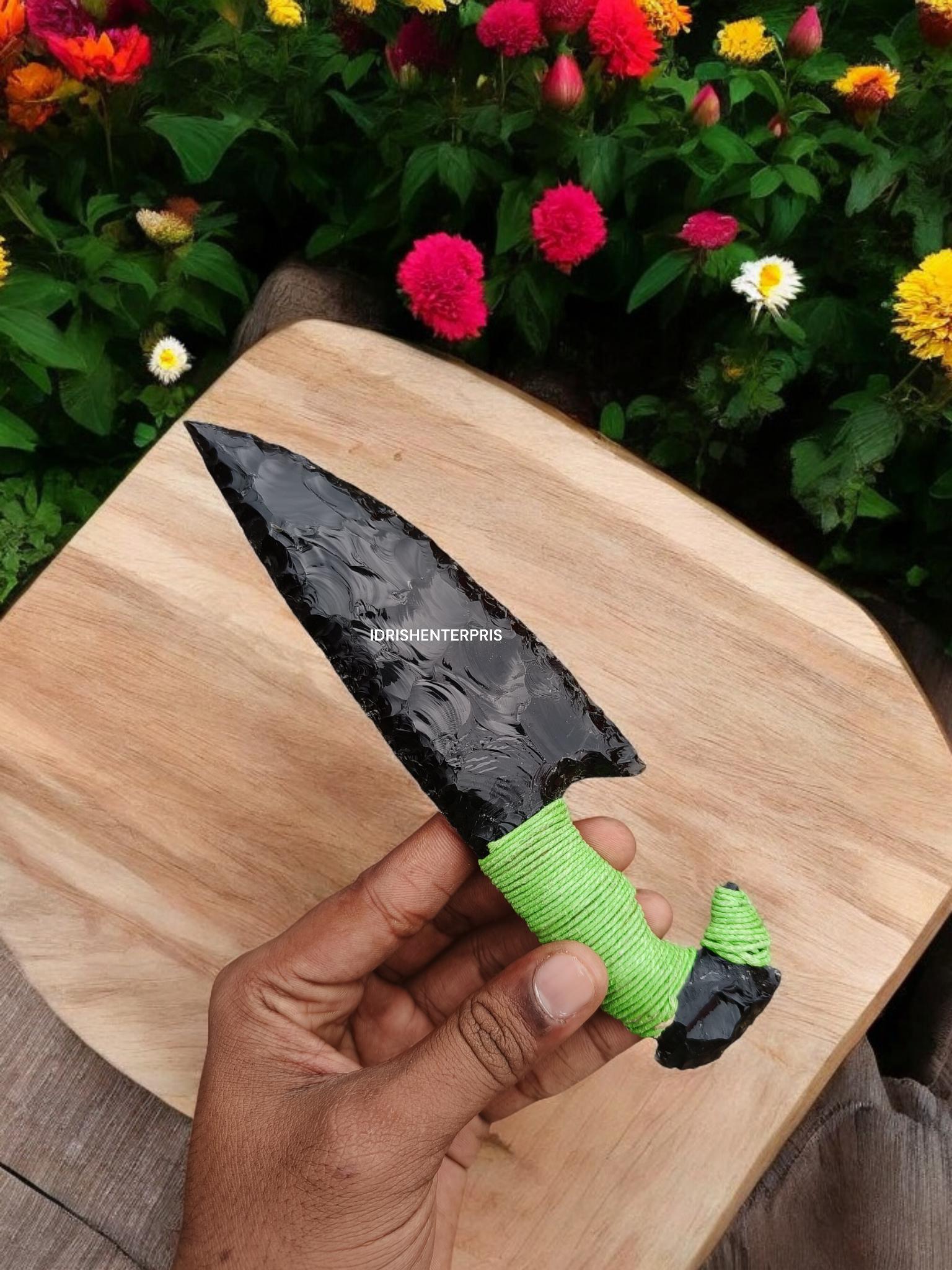 Obsidian Lava Blade Knife, Green Thread Handle, 8" Athame Dagger - Etsy
