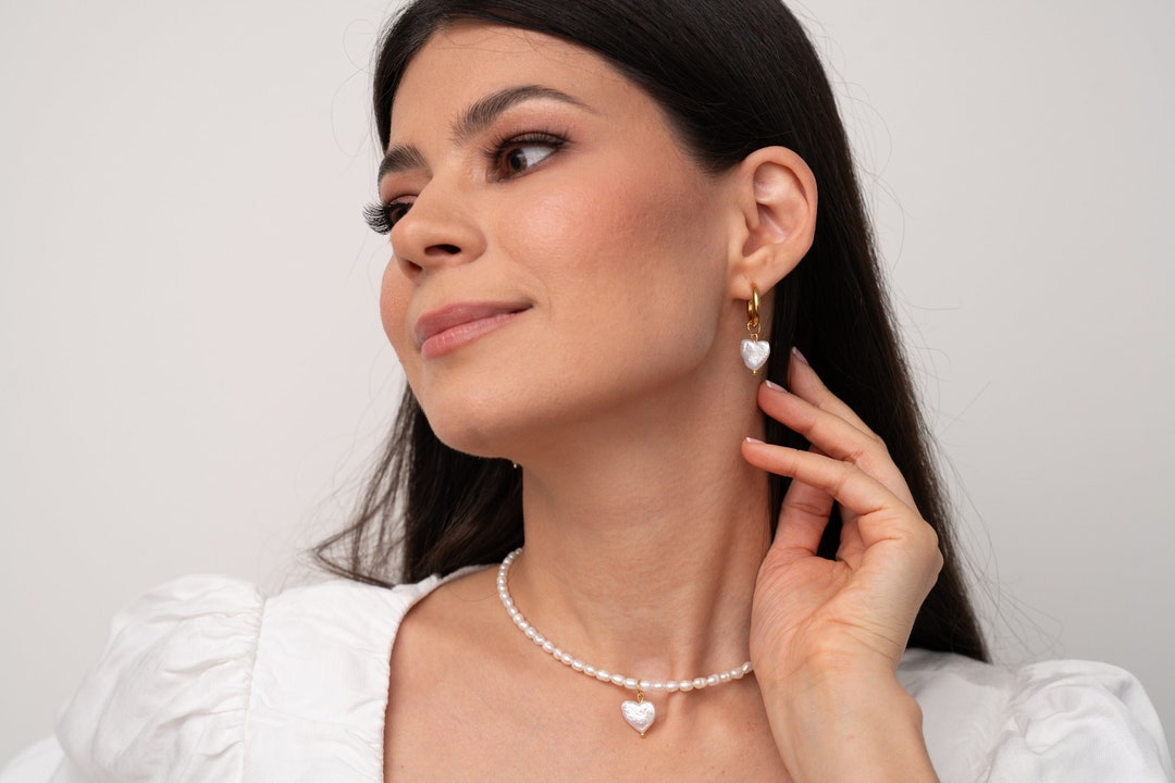 CLEO Heart Hoop Earrings, Real Freshwater Pearl Earrings, Love Heart Charms, Cute Earrings ...