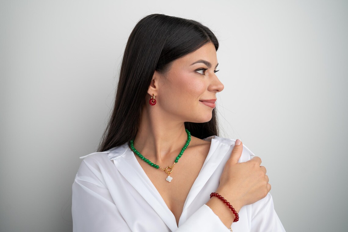 LEON Red Earrings, Red Jade Hoop Earrings With Charm, Magenta Red ...