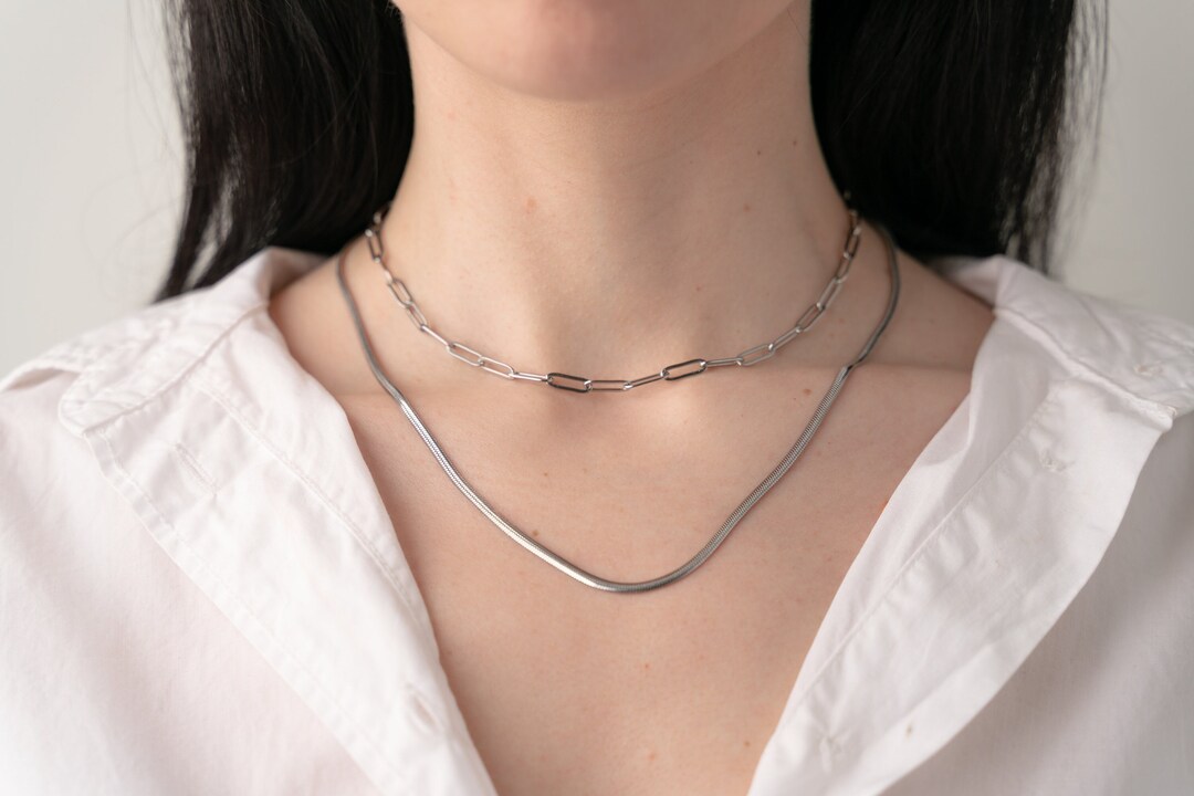 JIN Silver Snake Necklace, Herringbone Chain Necklace, Flat Snake Chain ...