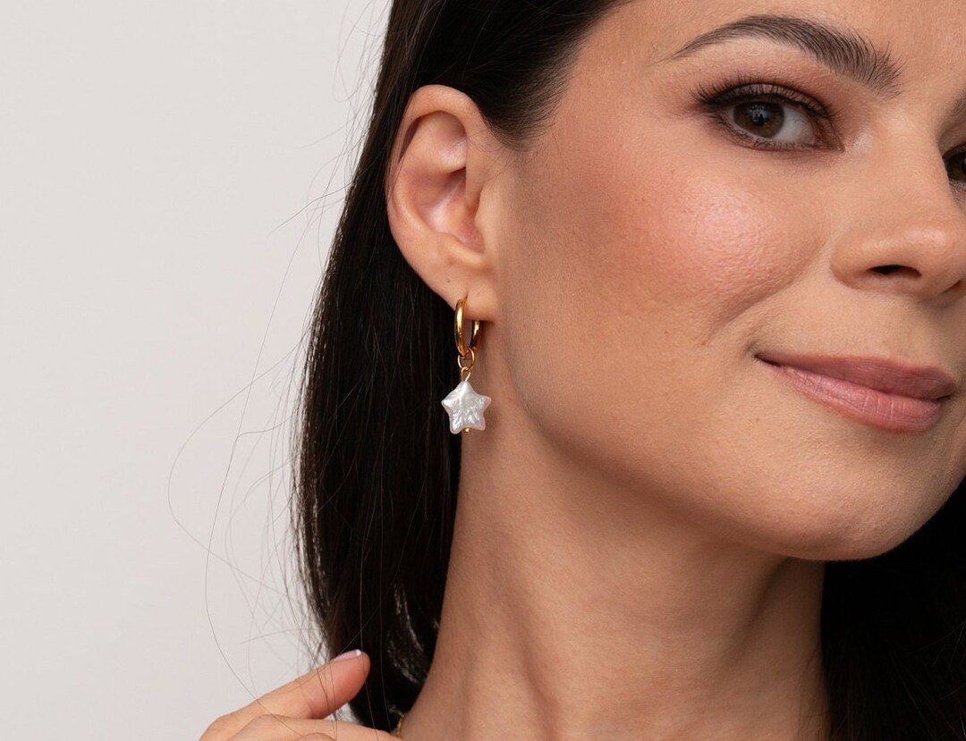 PIA Pearl Star Hoop Earrings, Dangle Star Hoops, Irregular Star Charms ...