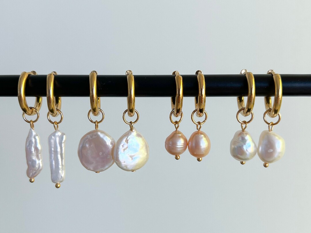 ASTRA (12 Styles) Sterling Silver Pearl Hoop Earrings, Gold Huggie Hoop ...