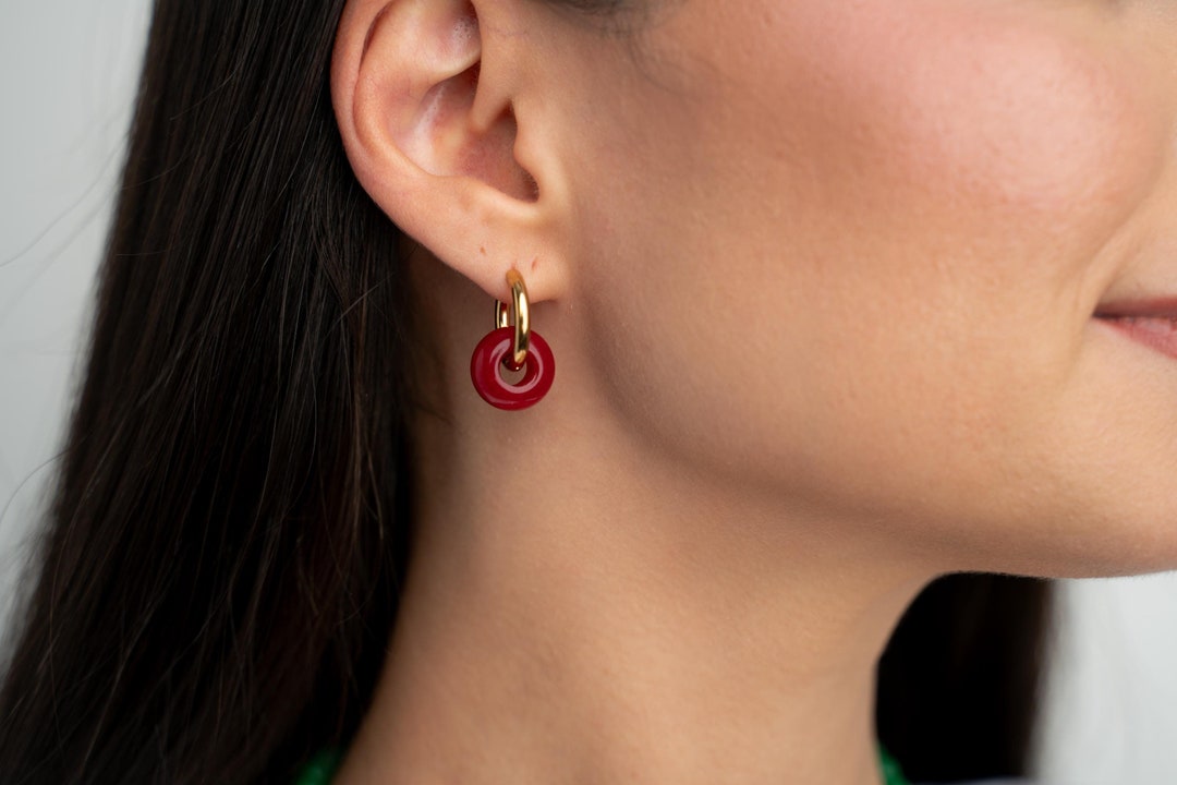 LEON Red Jade Hoop Earrings With Charm, Magenta Red Earrings, Donut Gemstone Hoop Earrings ...