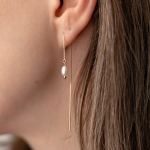 IOWA Gold Filled Freshwater Pearl Threader Earring, Sterling Silver Chain Earrings, Pearl ...