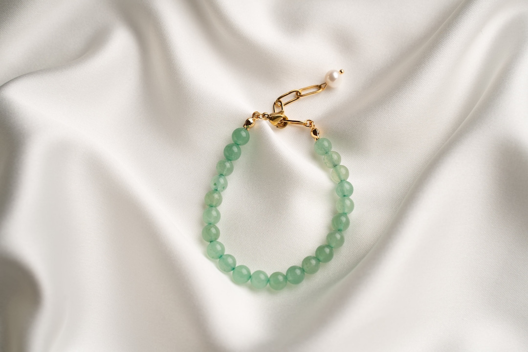MIRA Green Aventurine Bracelet With Freshwater Pearl, Gold Gemstone ...