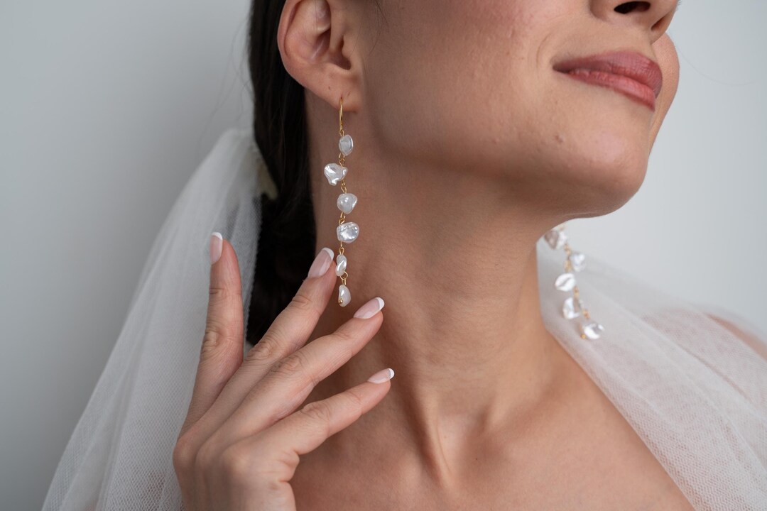 LIVIA Long Real Keshi Pearl Drop Earrings, Freshwater Pearl Earrings ...